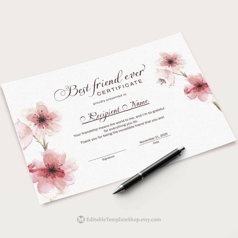 Editable Best Friend Forever Certificate Template, Personalized Gift ...
