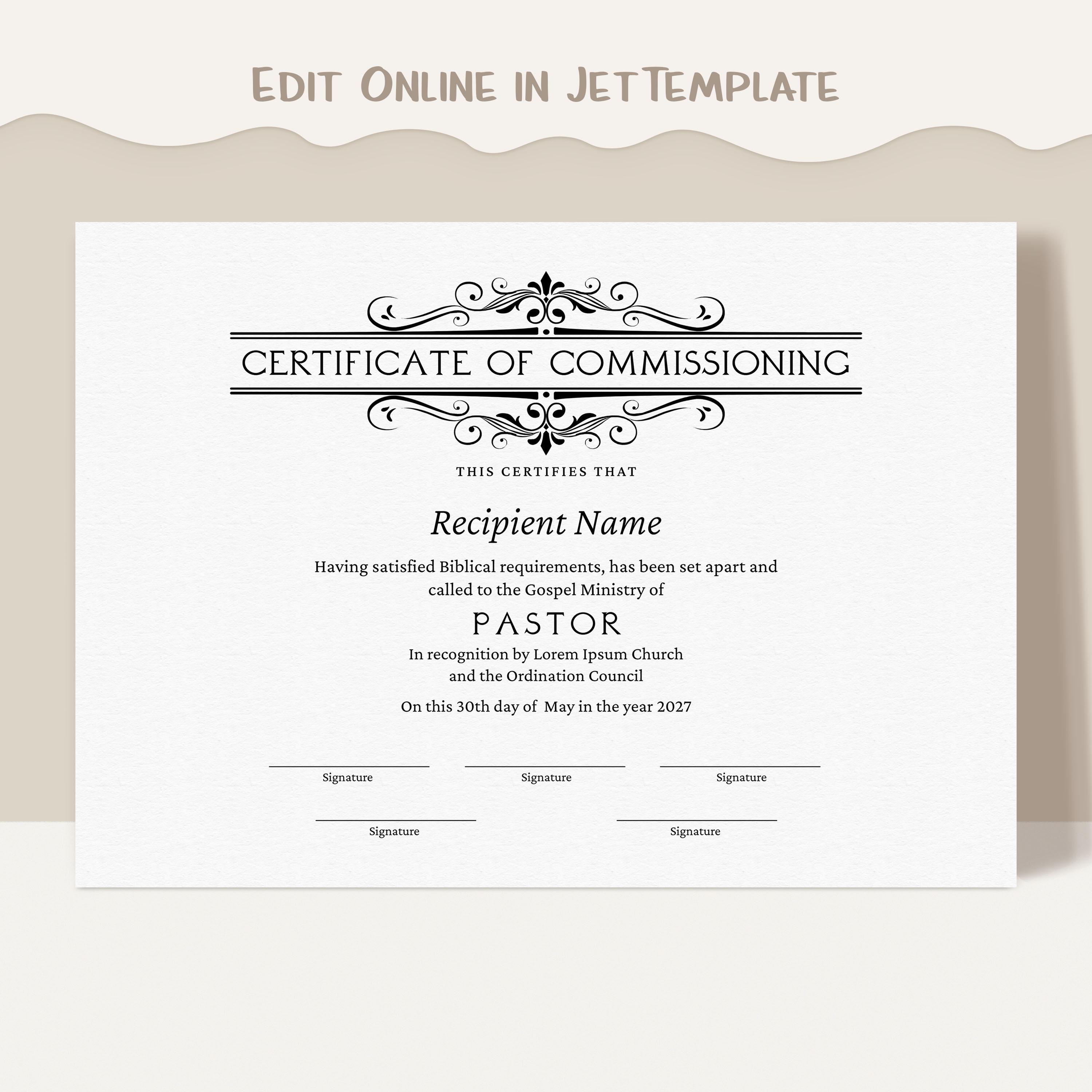 Editable Certificate of Commissioning, Printable Commissioning ...