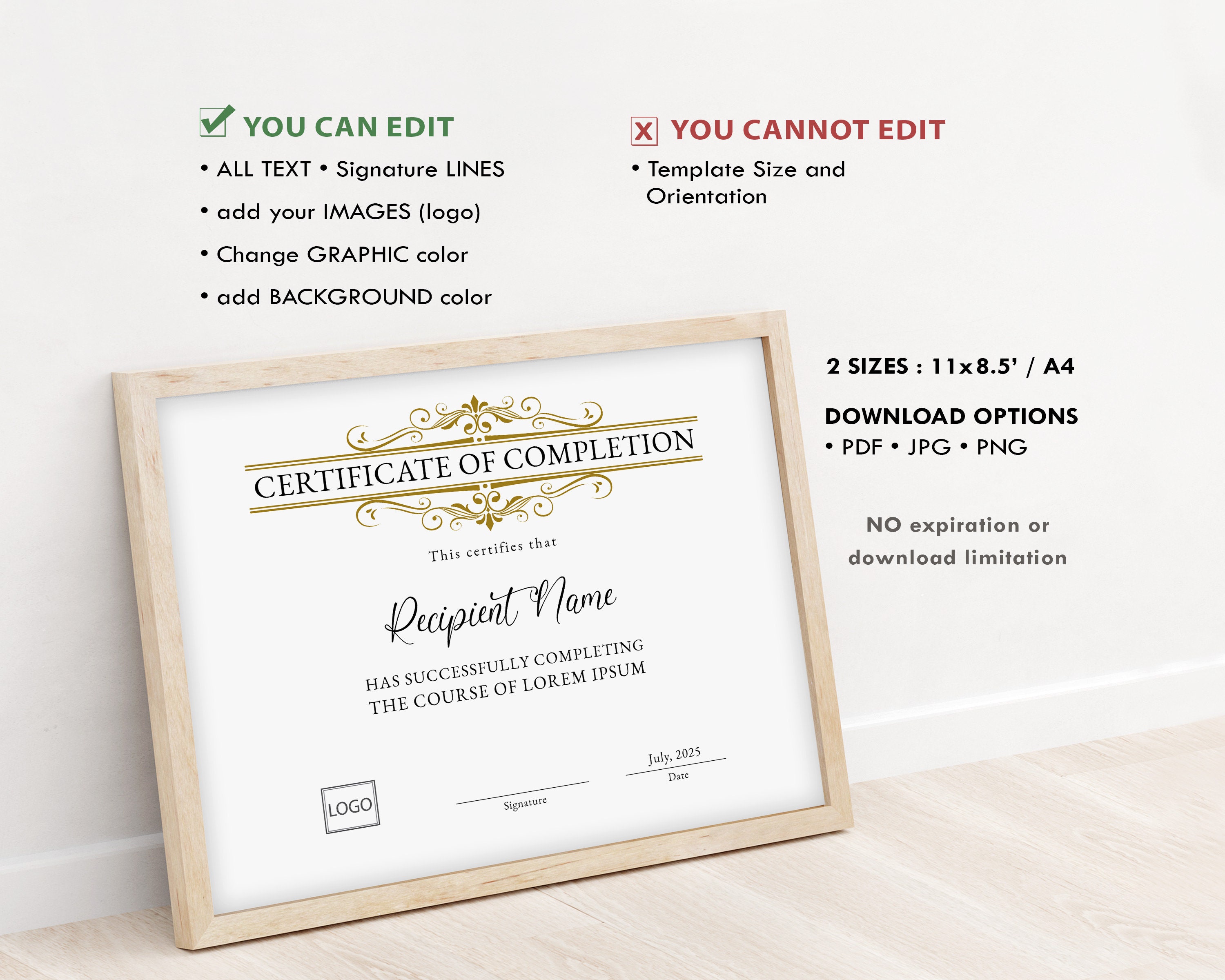 Editable Award Certificate of Completion Completion Template - Etsy ...