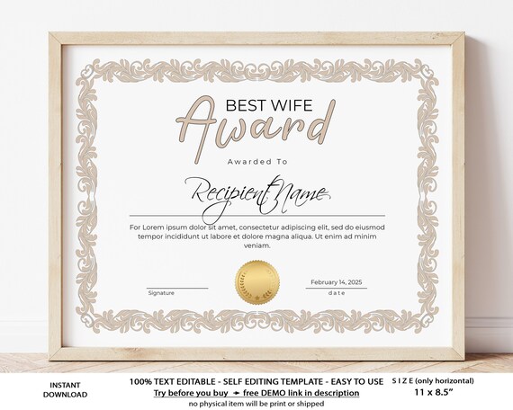 Best Wife Certificate Award Template Editable Printable Best - Etsy