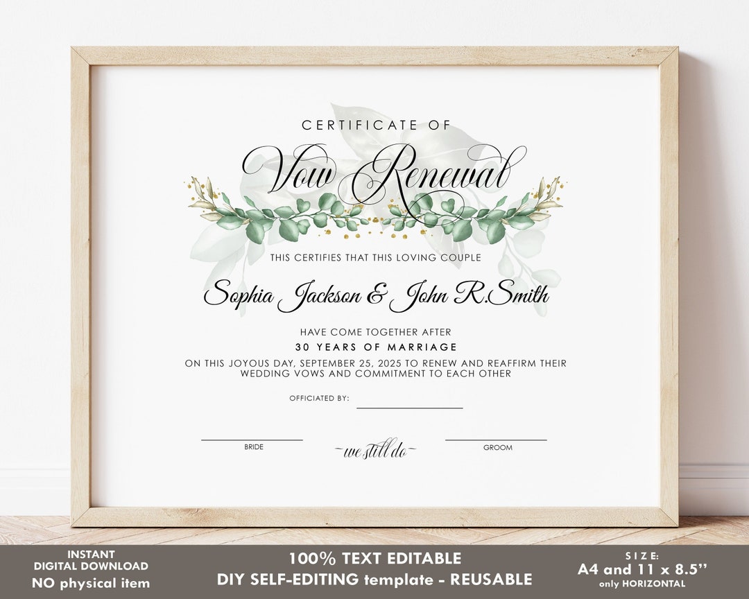 Vow Renewal Certificate Editable Printable Wedding - Etsy