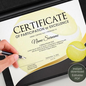 EDITABLE Tennis Certificate Template Sport Certificate Award | Etsy