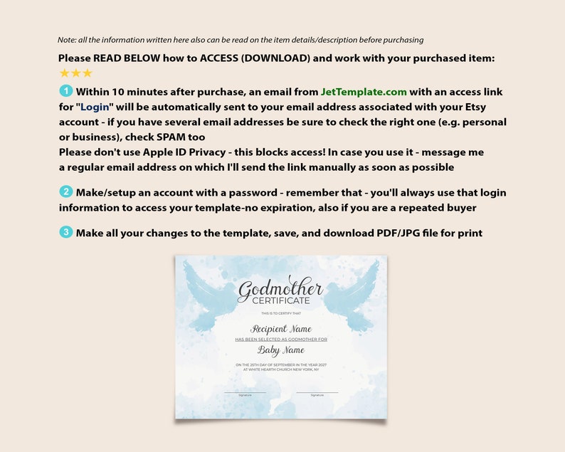 Editable Godmother Certificate Template Printable Baptism - Etsy