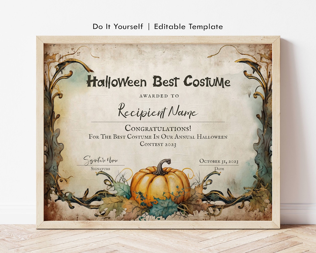 Vintage Halloween Best Costume Certificate Award Editable - Etsy