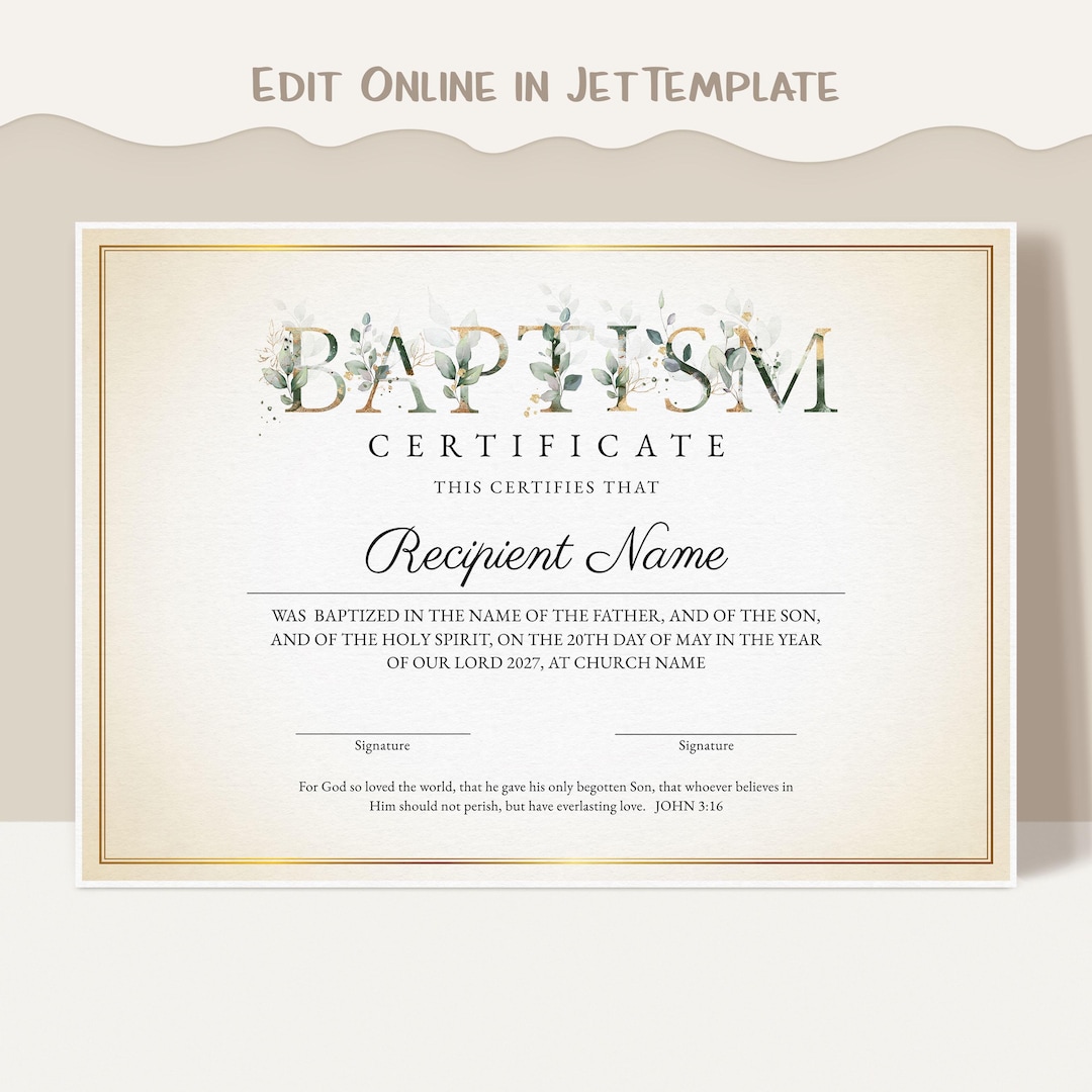 Editable Baptism Certificate Template, Printable Certificate of Baptism ...