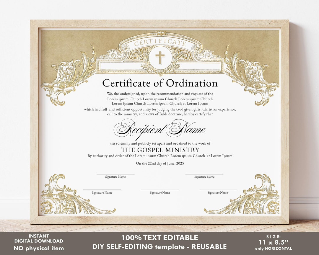 Editable Ordination Certificate Template, Printable Certificate of ...