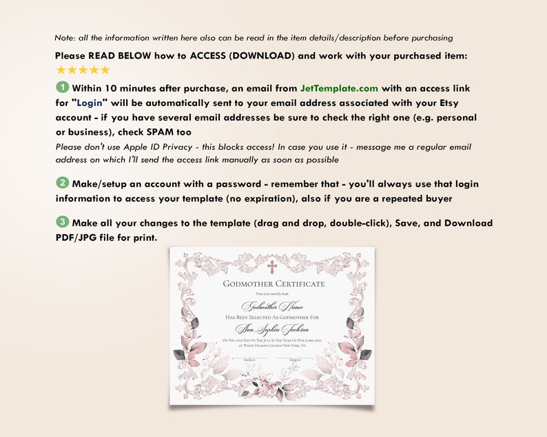 Editable Godmother Certificate Template Printable Baptism - Etsy