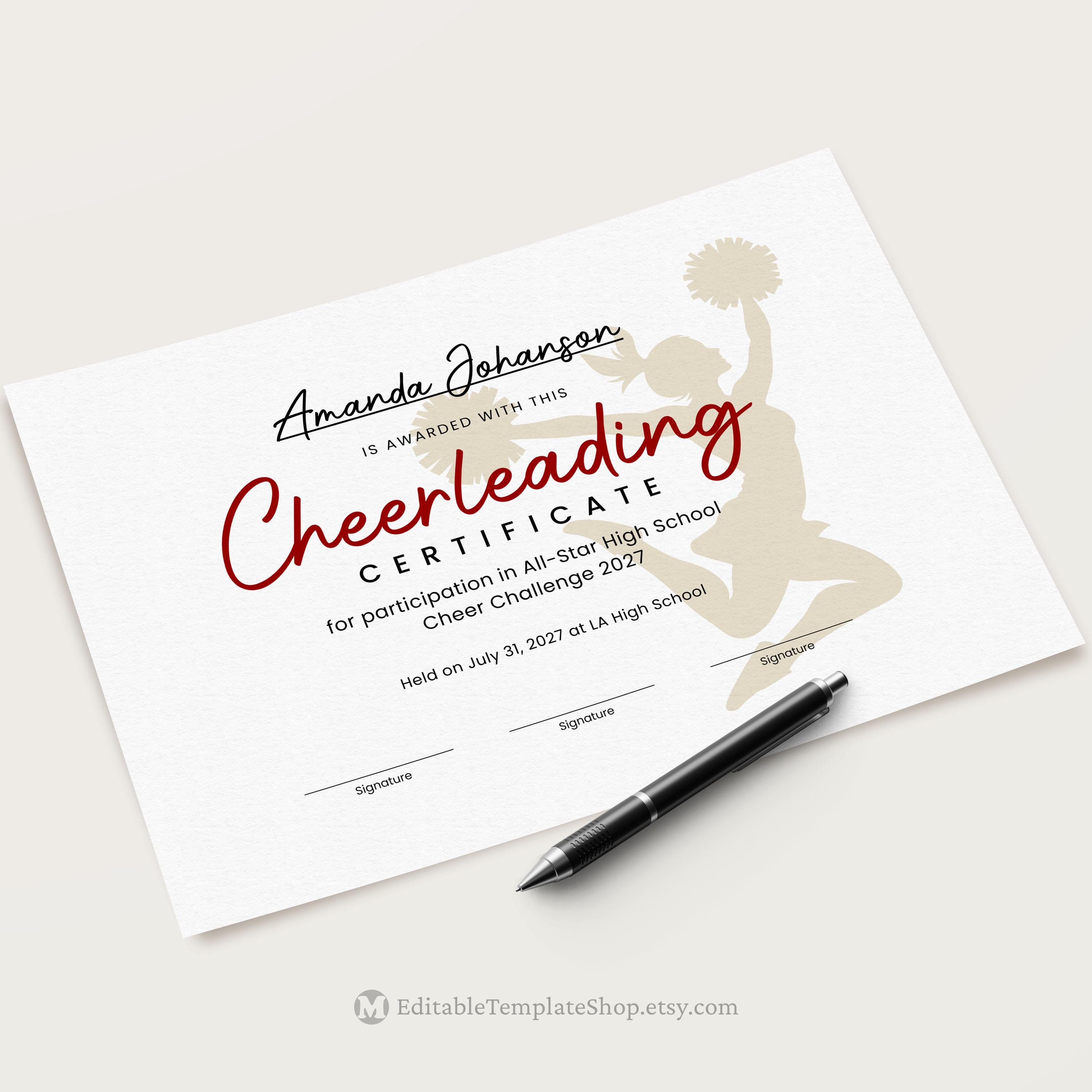 Cheerleading Certificate of Participation Template, Editable Printable ...