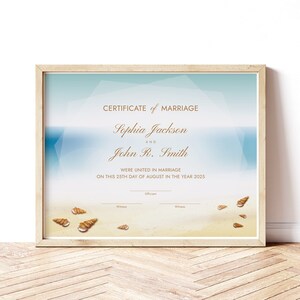 Beach Wedding Ceremony Certificate Template Editable Summer Beach ...