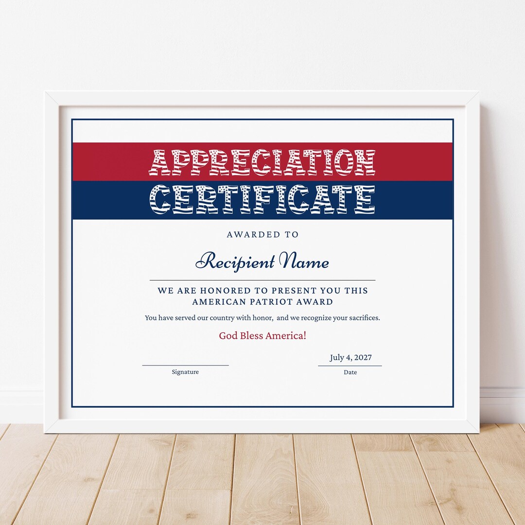 Editable Veterans Appreciation Certificate, 4th of July Certificate ...