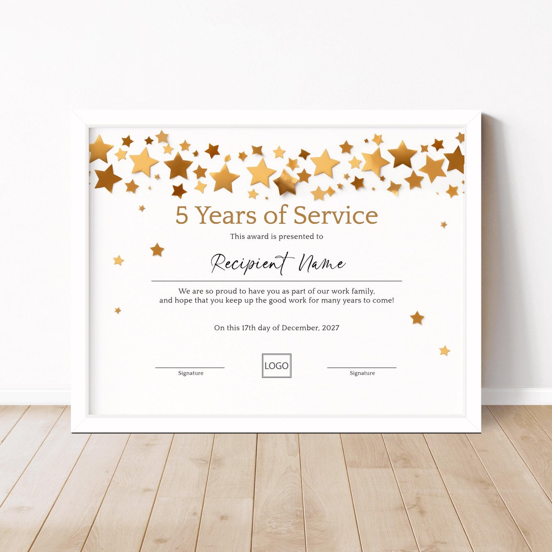 5 Years of Service Certificate of Appreciation Employee Recognition 5 ...