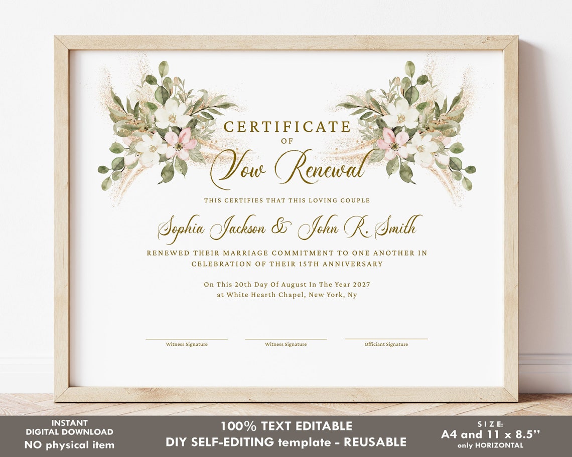 Elegant Vow Renewal Certificate Template Printable Marriage - Etsy