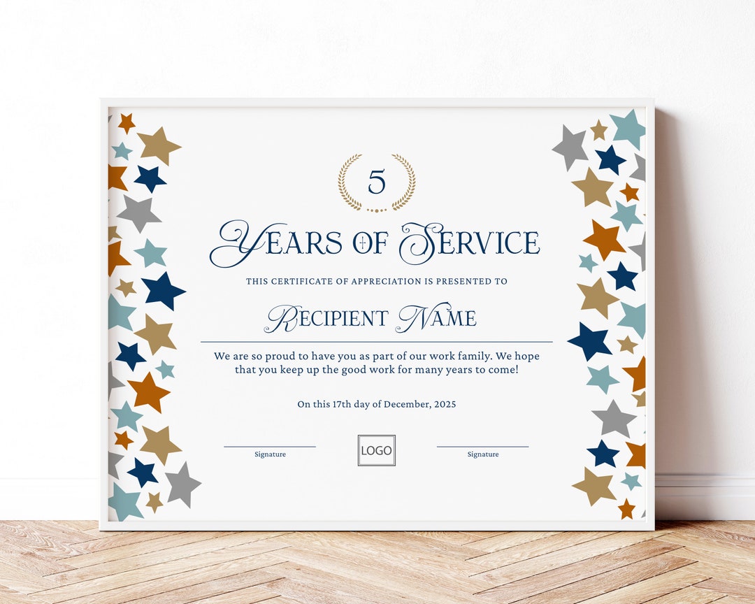 5 Years of Service Anniversary Award Certificate of Appreciation ...