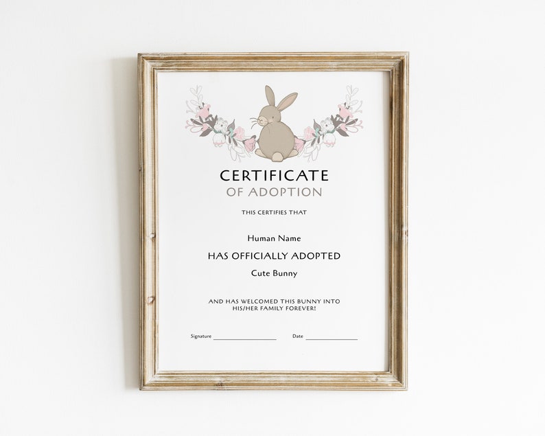 EDITABLE Bunny Adoption Certificate Template Rabbit - Etsy