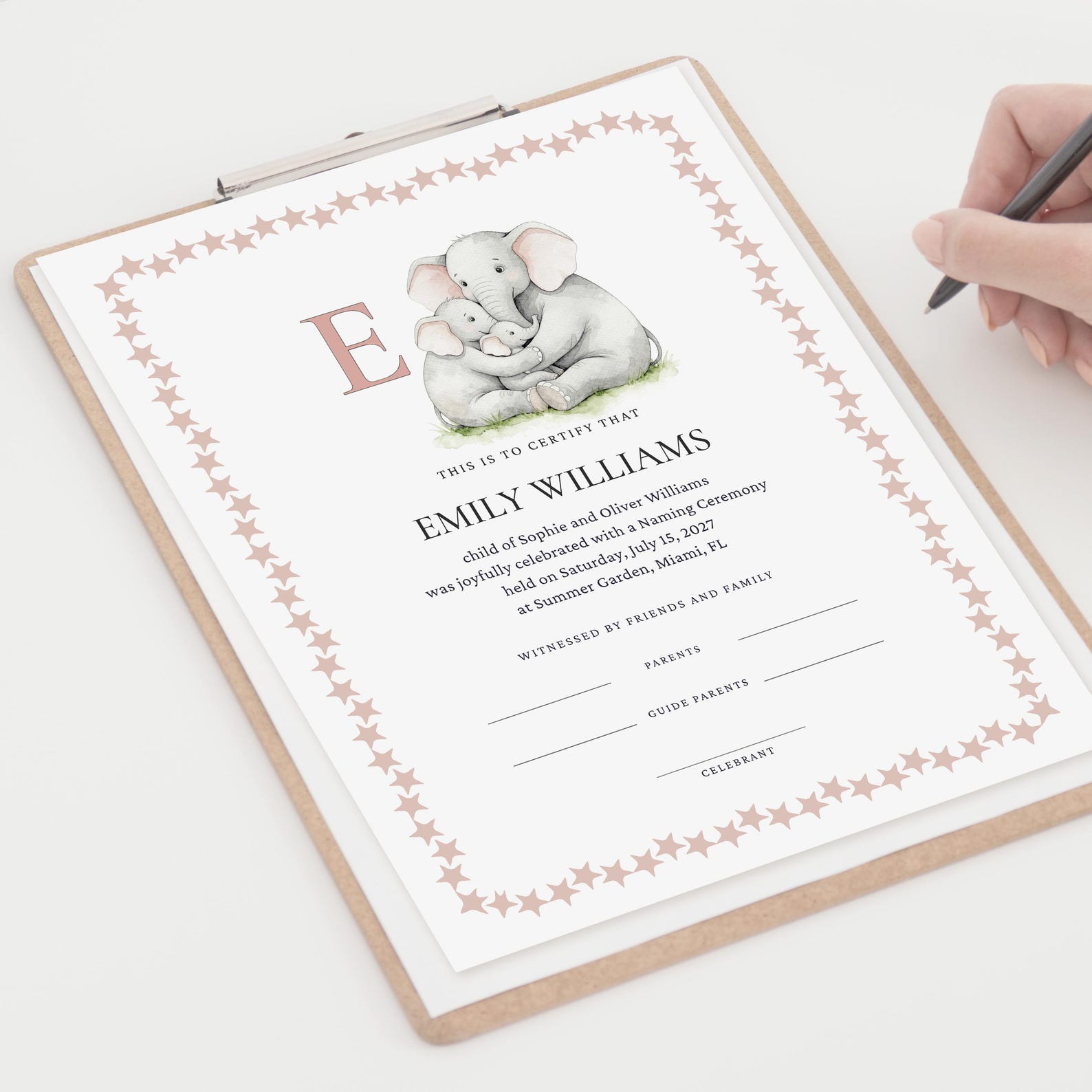 Elephant Naming Ceremony Certificate Printable Baby Girl Naming Day ...