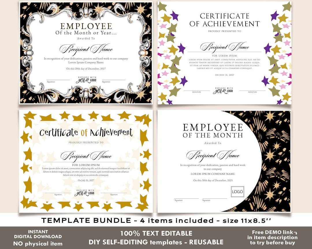 Employee Appreciation Achievement Awards, Gold Stars, Editable ...