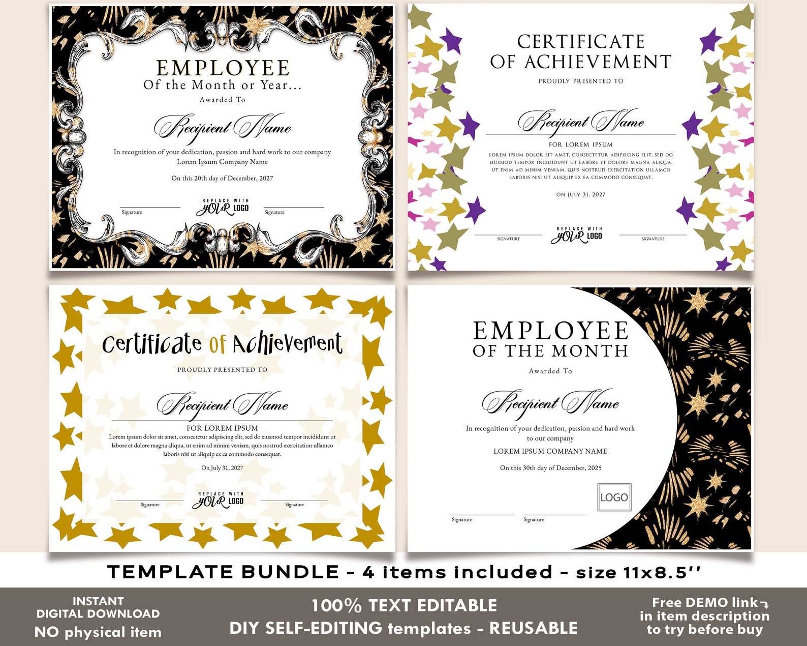 Employee Appreciation Achievement Awards Gold Stars Editable - Etsy