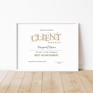 Best Client Appreciation Award, EDITABLE Client Gift Award Certificate ...