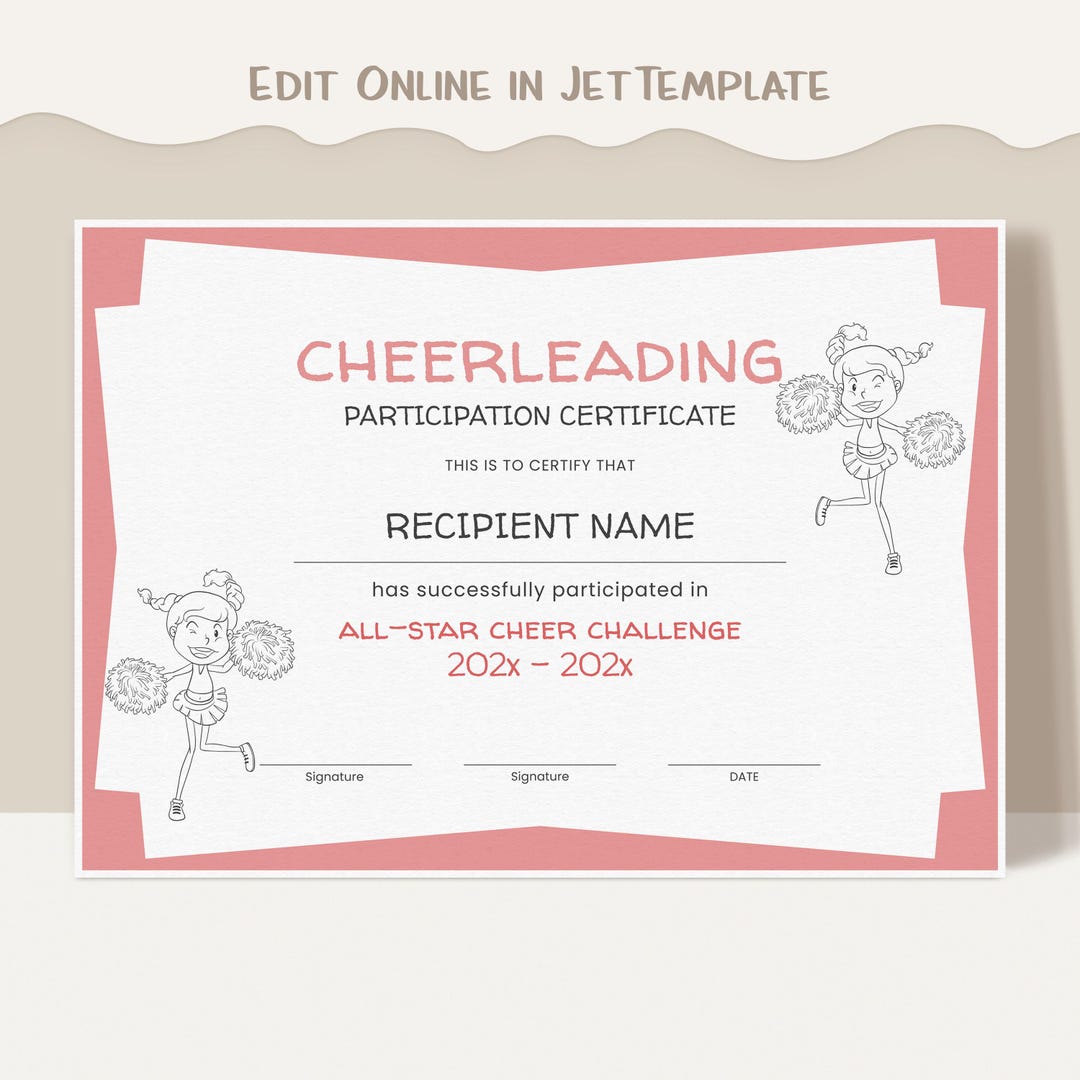 Cheer EDITABLE Cheerleading Participation Certificate Template, High ...