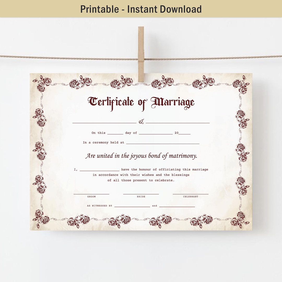 Printable Gothic Marriage Certificate, Vintage Background & Rose Frame ...