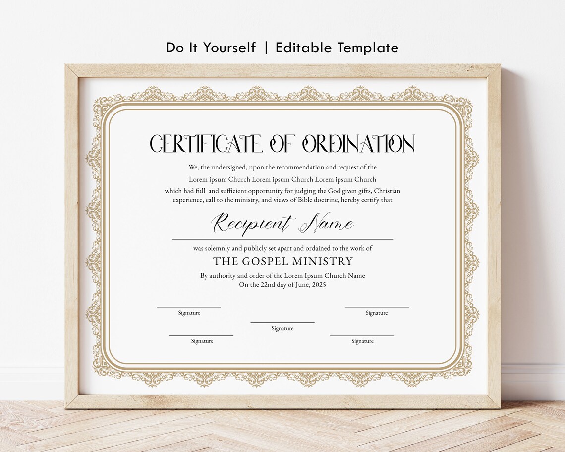 Editable Ordained Minister Certificate Template, Elegant Certificate of ...