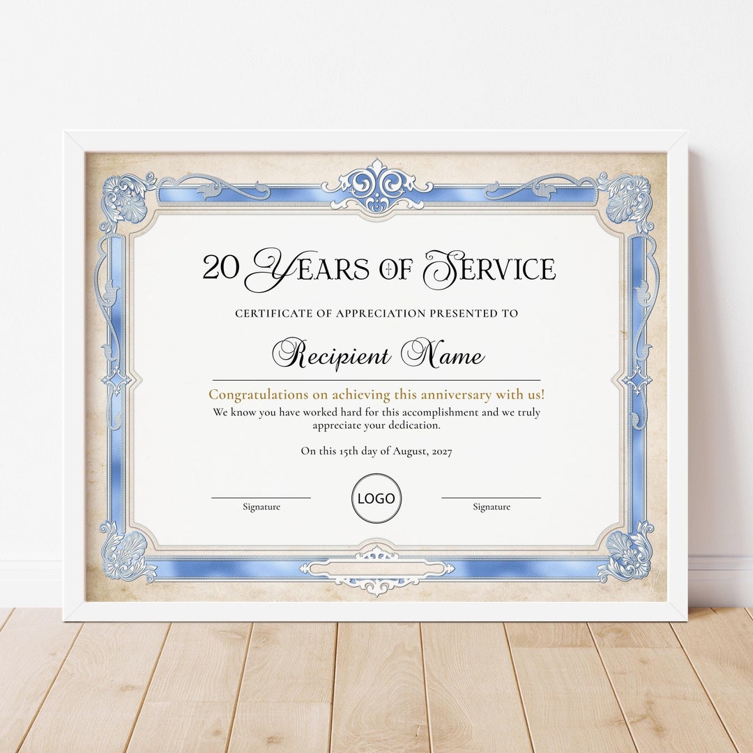 Editable Employee Recognition Certificate Template, 20 Years of Service Award Certificate of ...