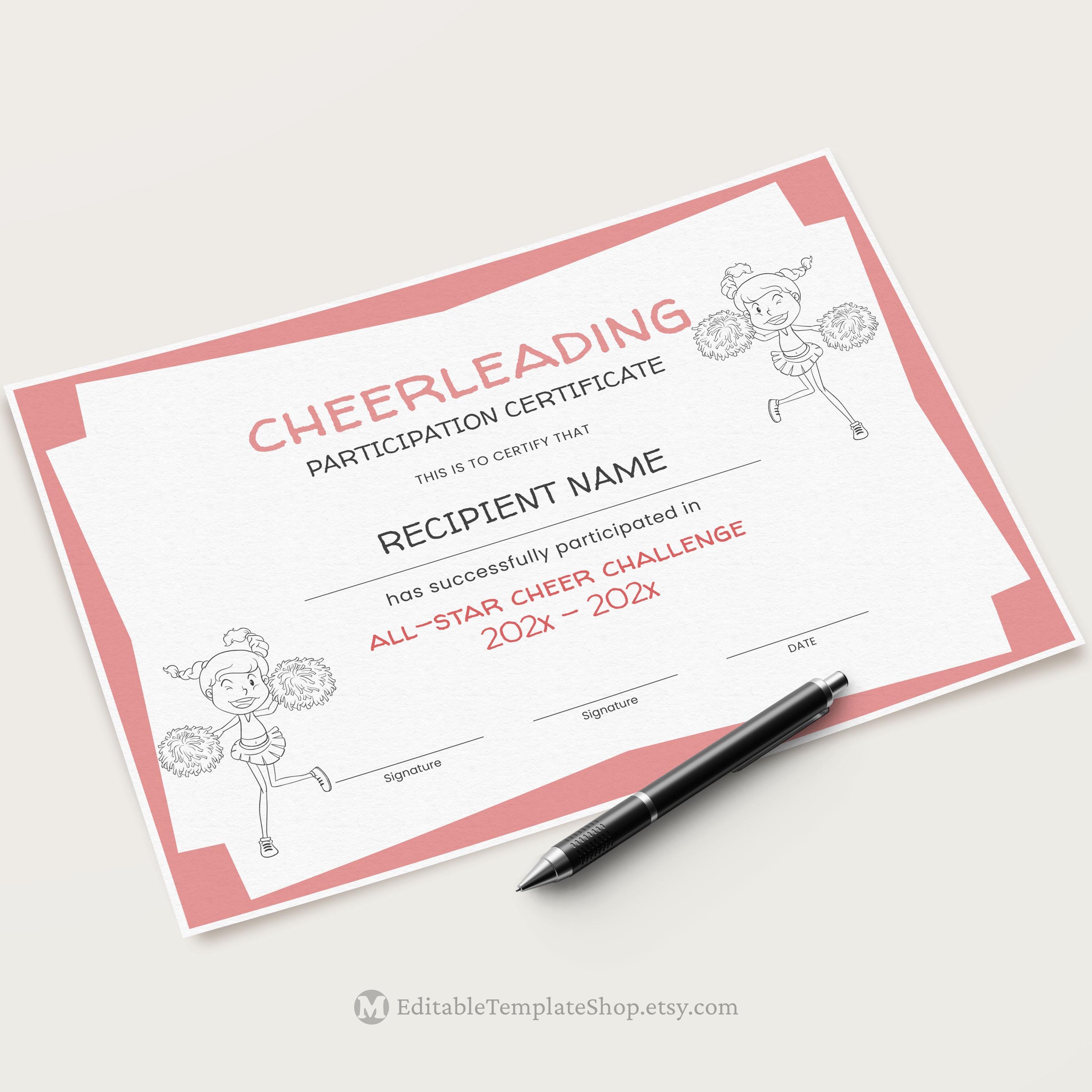 Cheer EDITABLE Cheerleading Participation Certificate Template, High ...