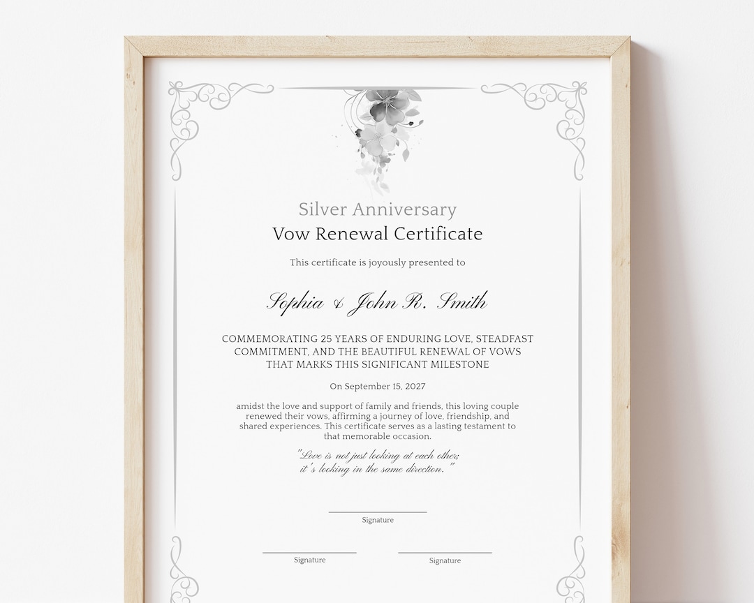 25 Years of Marriage Silver Anniversary Vow Renewal Certificate ...