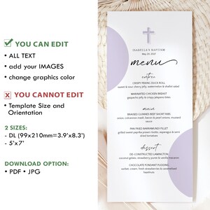 Baptism Menu Template, Christening Printable Menu Template EDITABLE ...