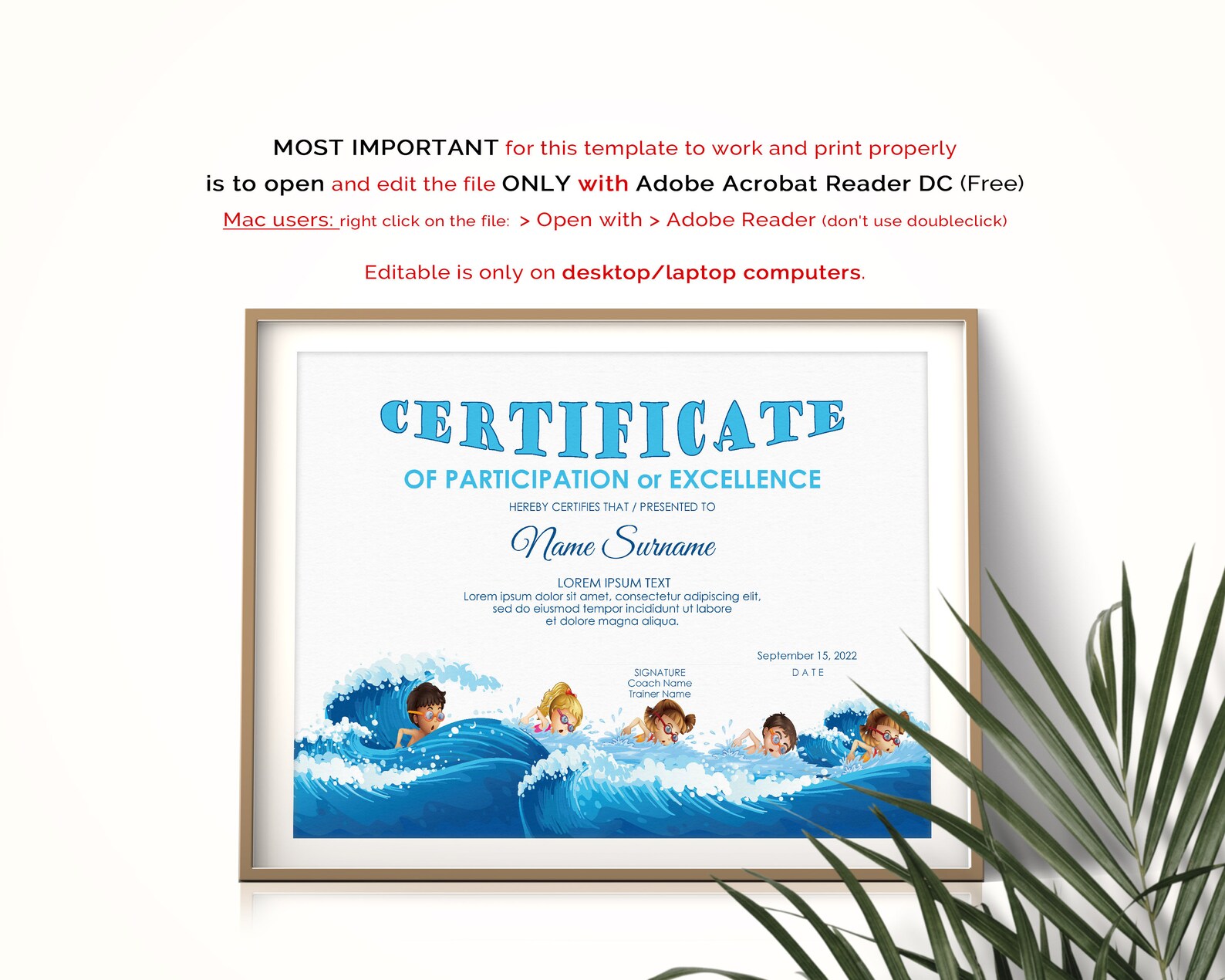 EDITABLE Swimming Certificate Template Sports Certificate | Etsy