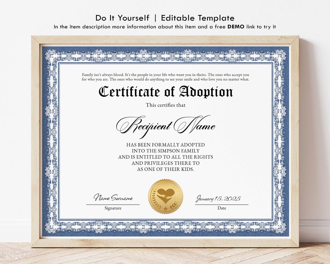 Adoption to Our Family Certificate Template, Editable Stepmother ...