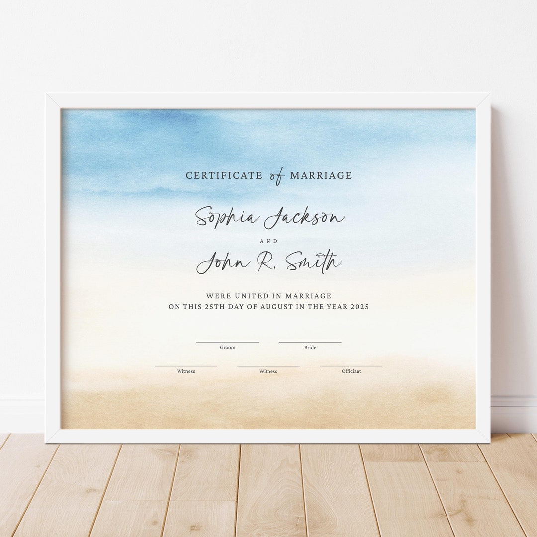 Beach Wedding Certificate Template, Marriage Keepsake Certificate ...