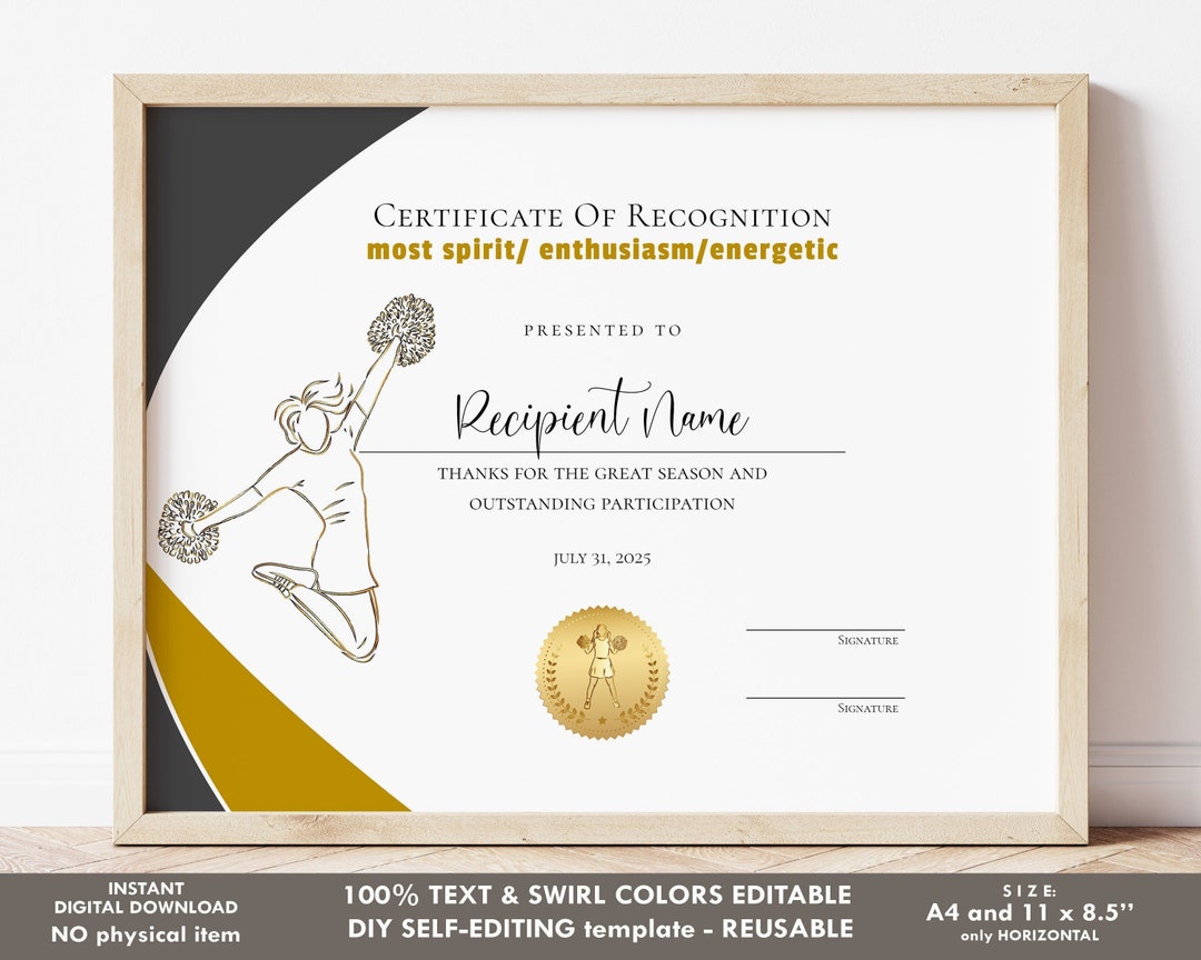 EDITABLE Cheerleader Certificate Template, Cheerleading Award ...