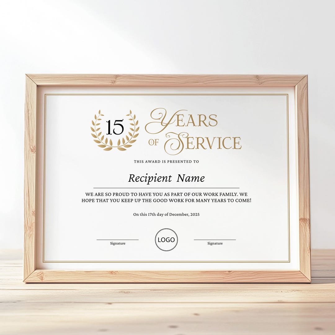 15 Years of Service Anniversary Award Certificate of Appreciation ...