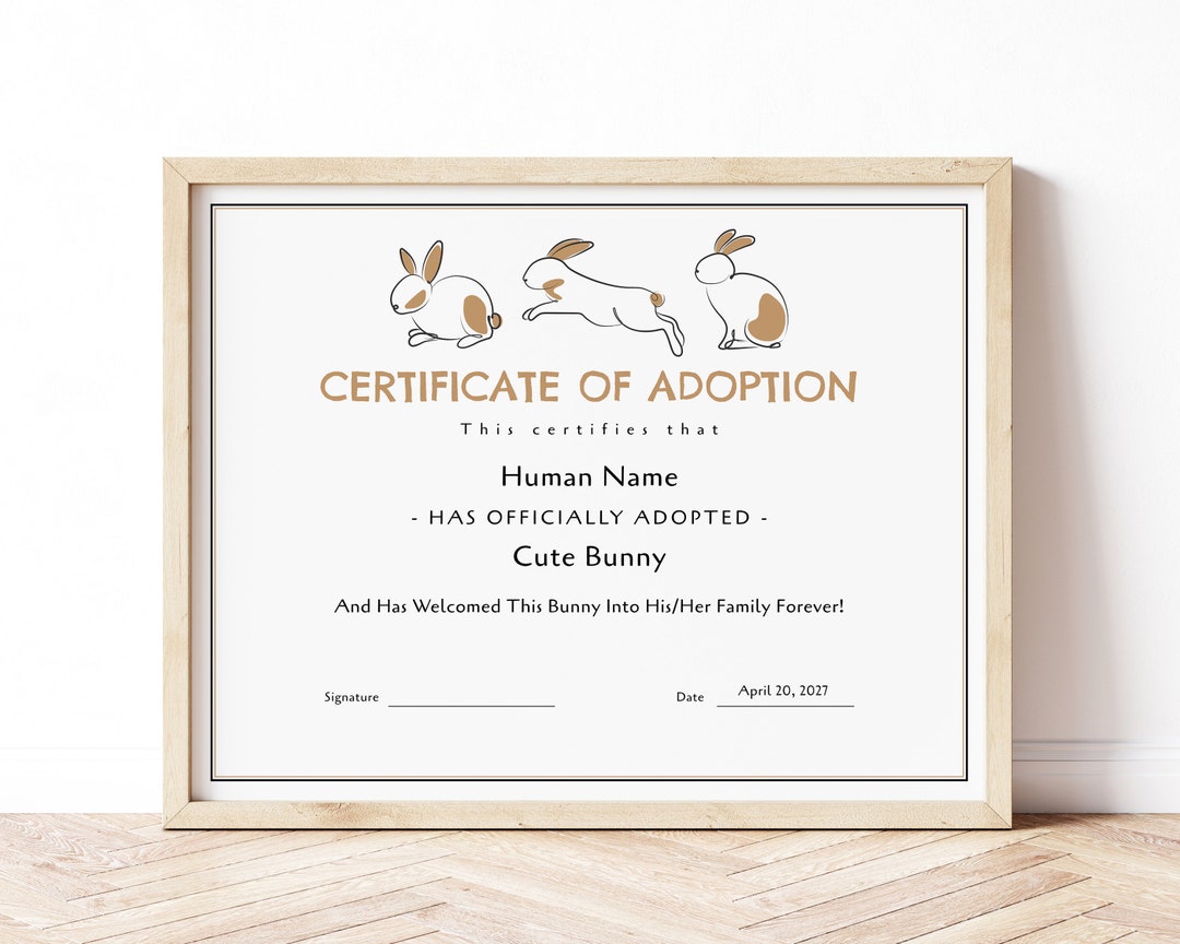 Editable Bunny Adoption Certificate Template, Rabbit Owner's ...