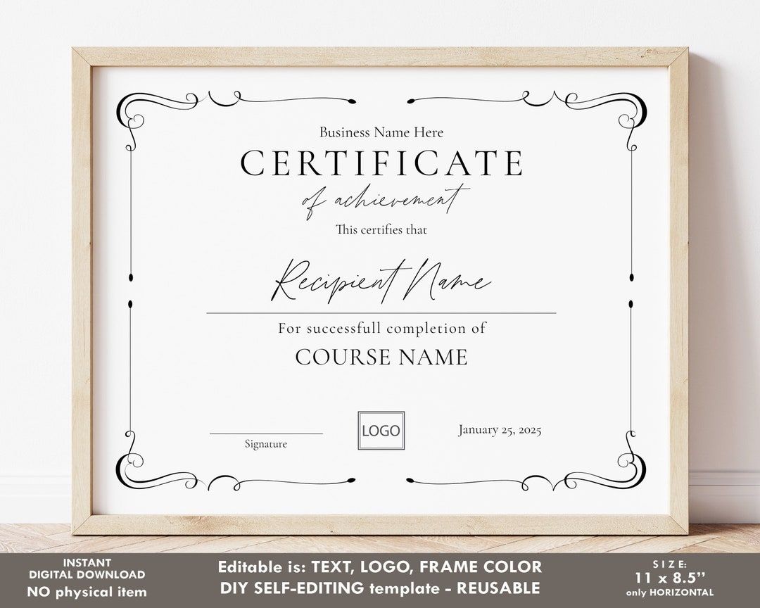 Certificate of Completion, Course Completion Template, EDITABLE ...