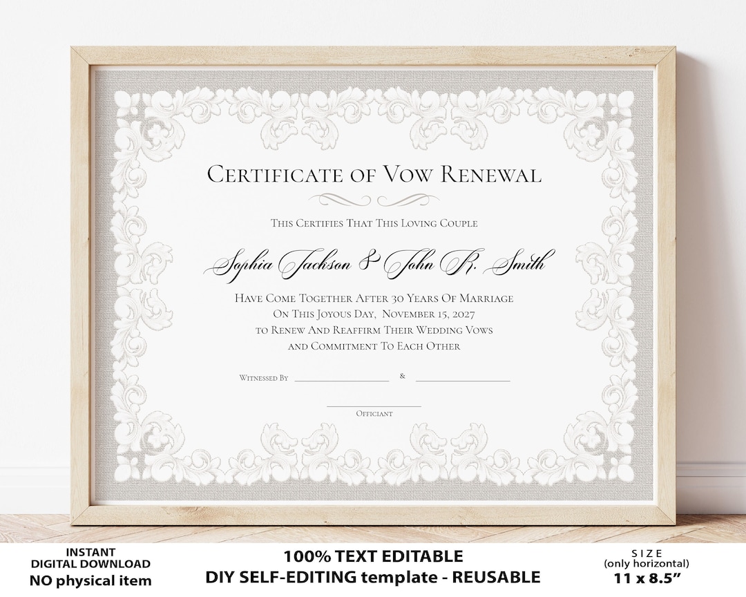 Vow Renewal Certificate Template, Romantic Wedding Vow Renewal Gift ...