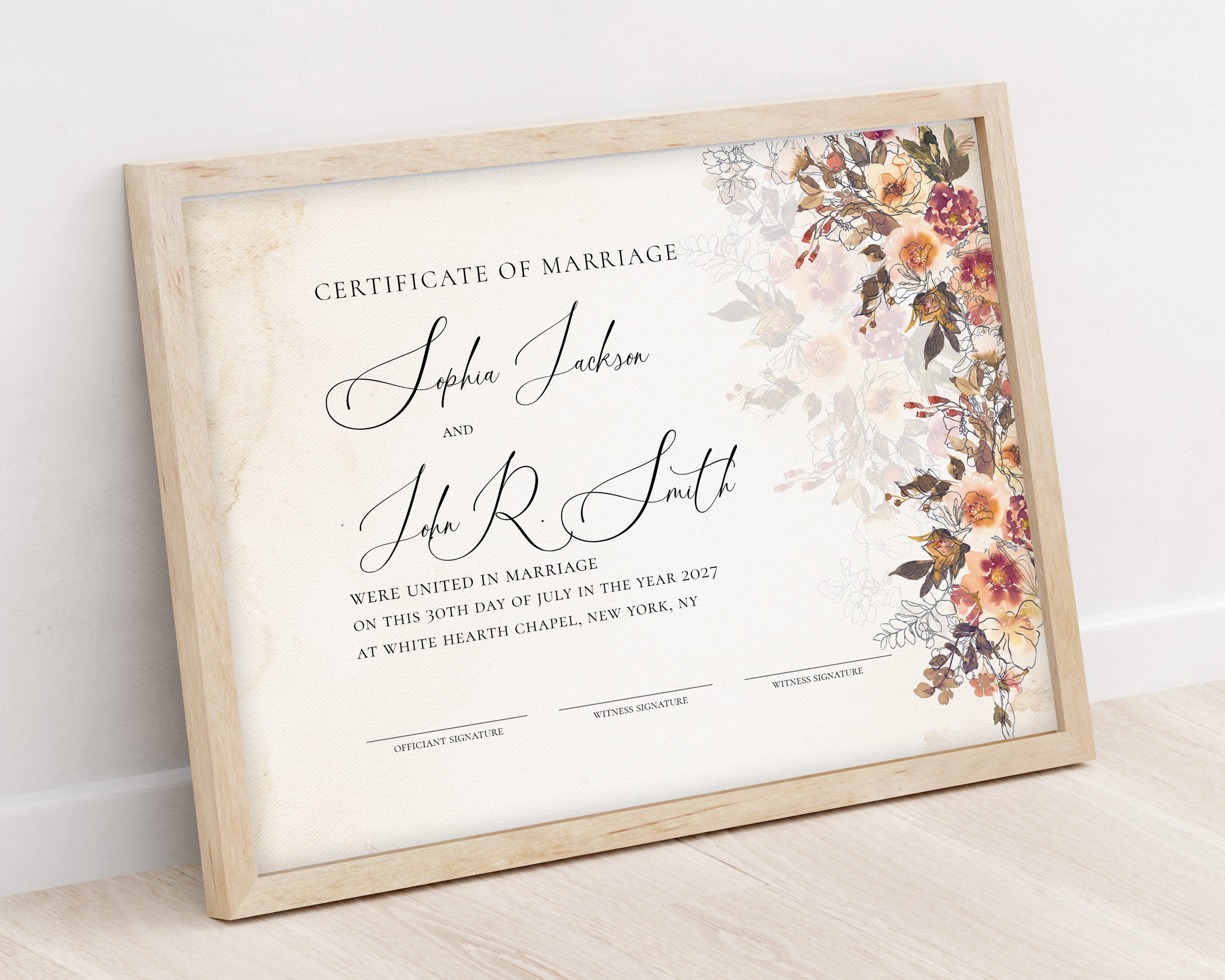Boho Floral Marriage Certificate Template Watercolor - Etsy
