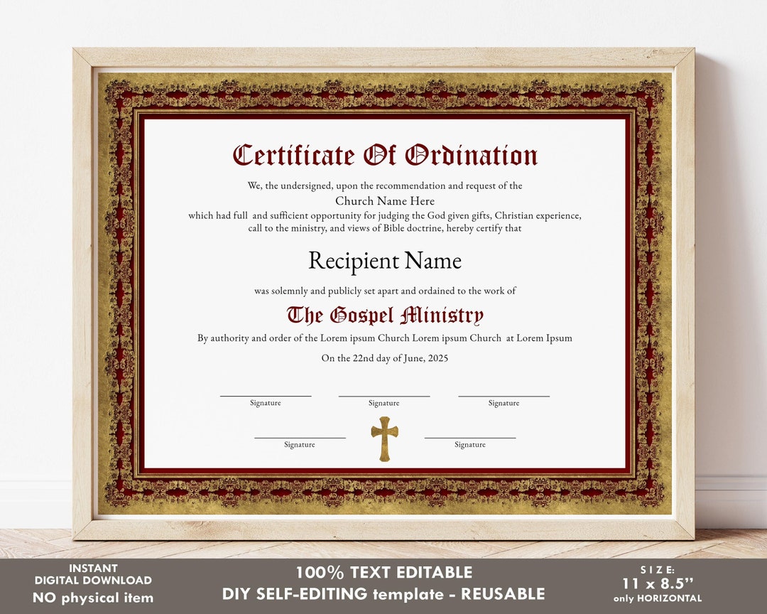 Editable Ordination Certificate Template, Credential of Ministry ...