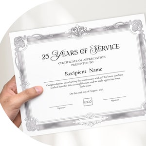 25 Years of Service Recognition Award Certificate of Appreciation ...