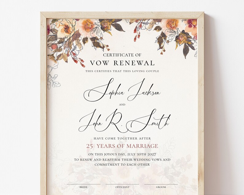 Boho Floral Vow Renewal Certificate Template Watercolor - Etsy