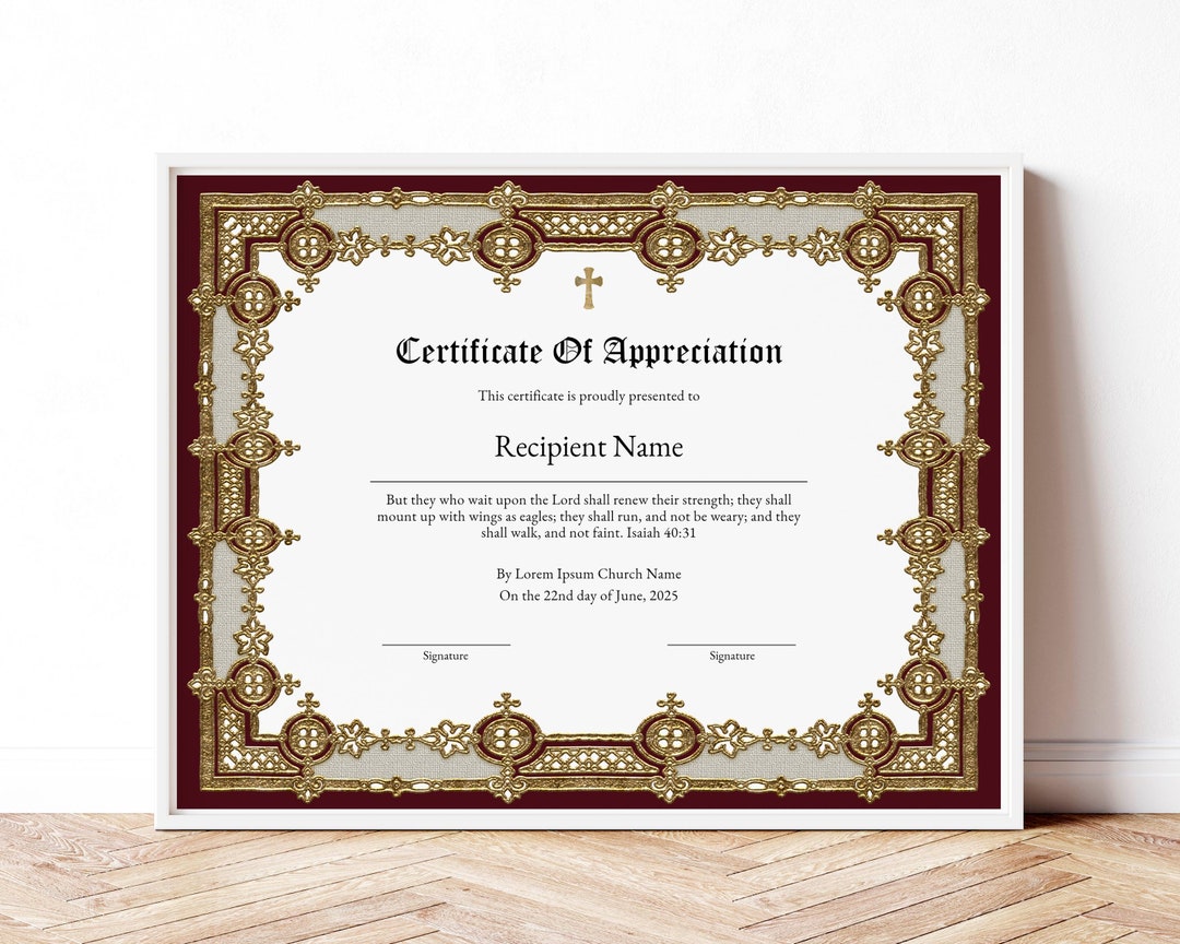 Editable Appreciation Certificate Template, Printable Vintage Church ...