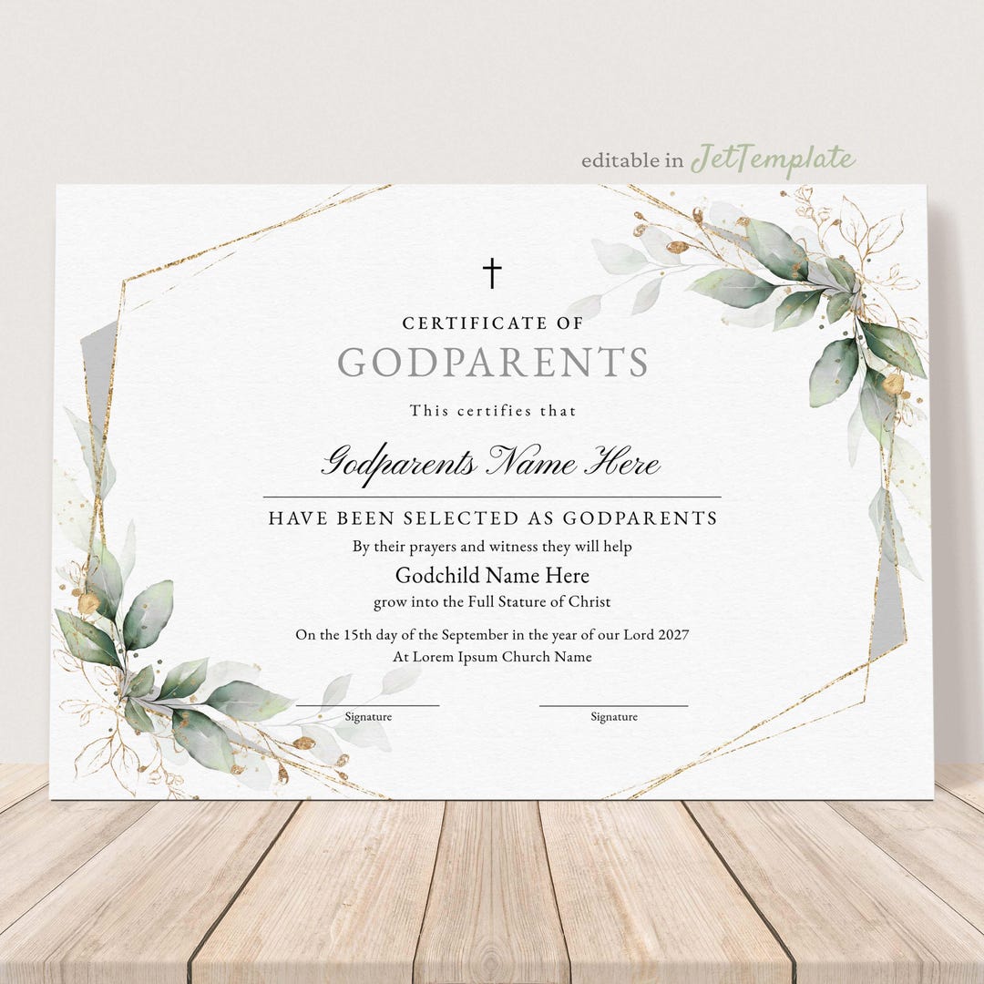 Editable Godparents Certificate Template Godparents Gift Christening ...
