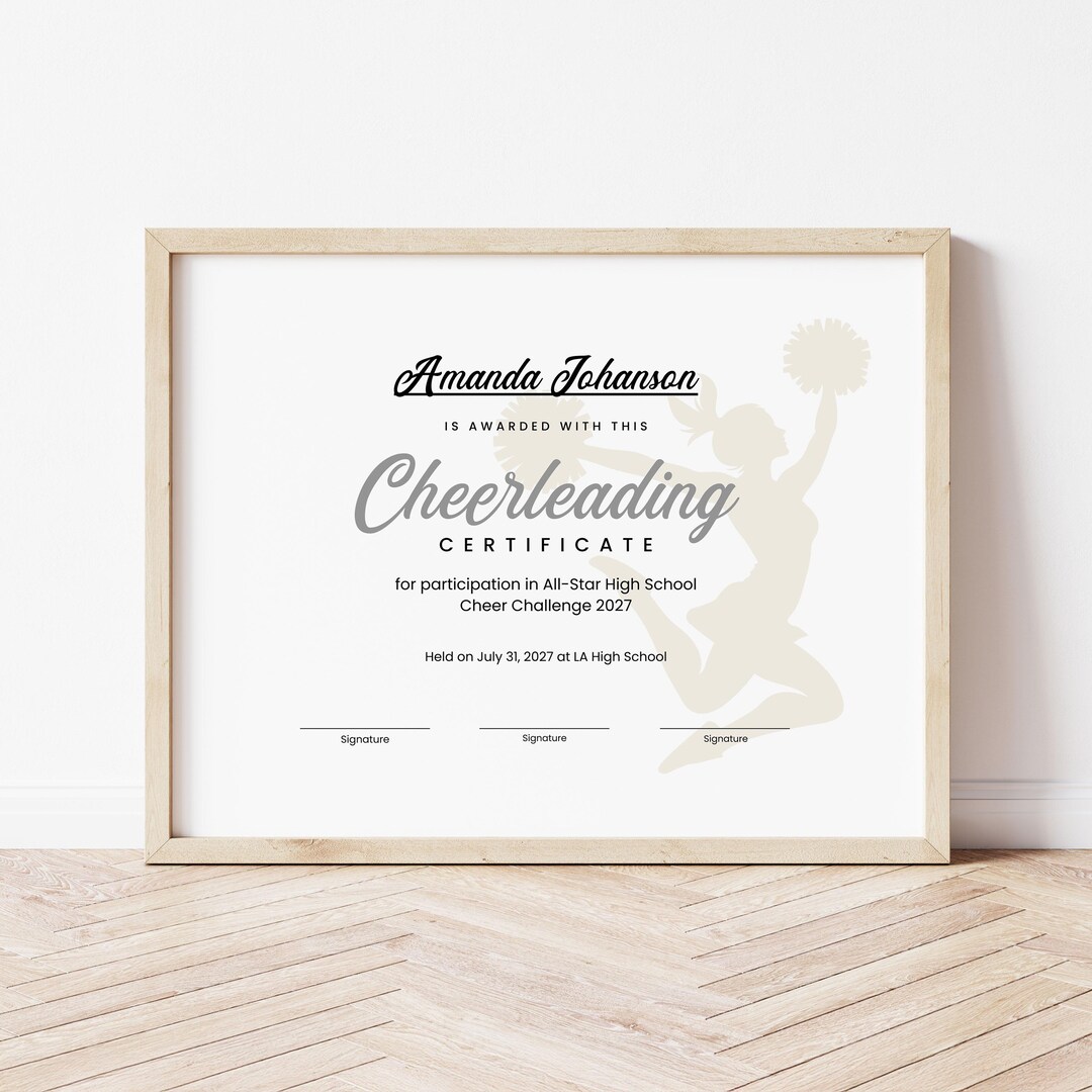 Cheerleading Certificate of Participation Template, Editable Printable ...