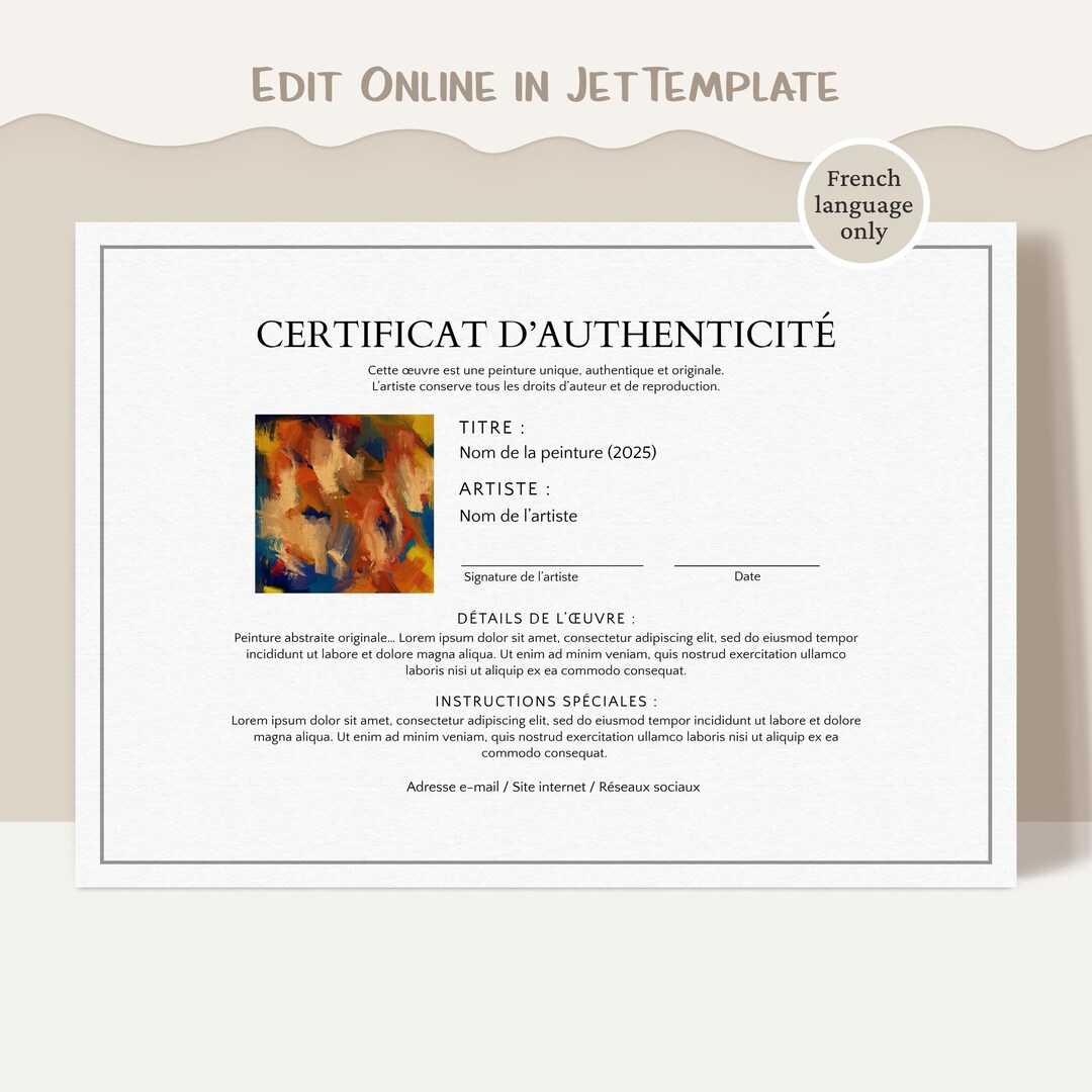 French Certificate of Authenticity Template, Editable COA for Artists ...