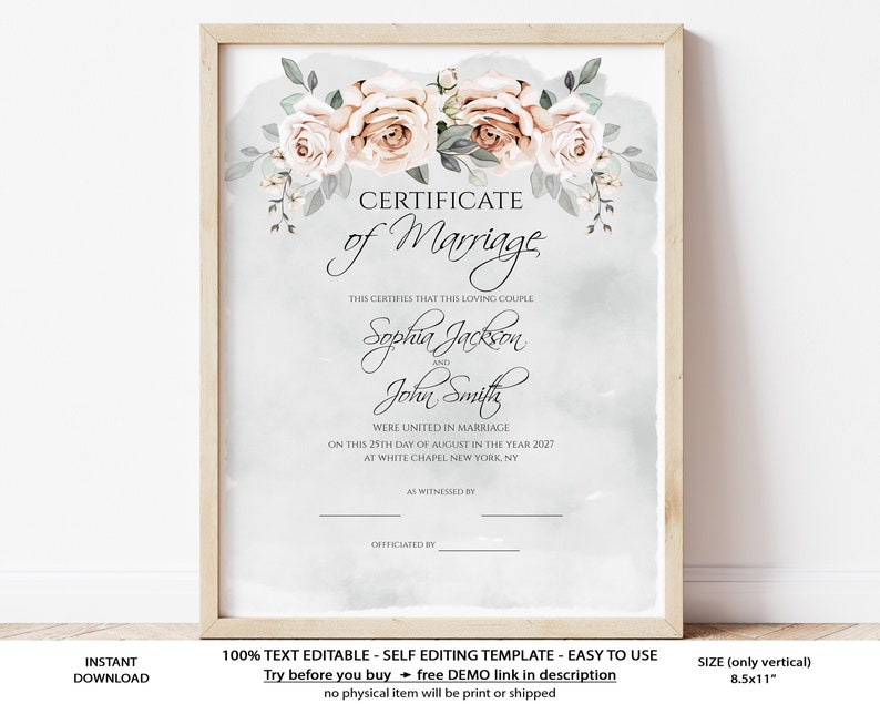 Editable Wedding Certificate Template Modern Certificate of - Etsy