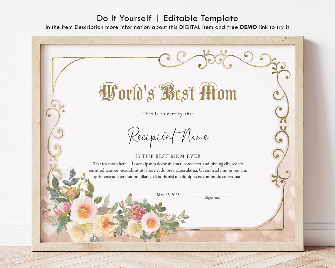 Editable Best Mom Certificate Template Mother's Day - Etsy