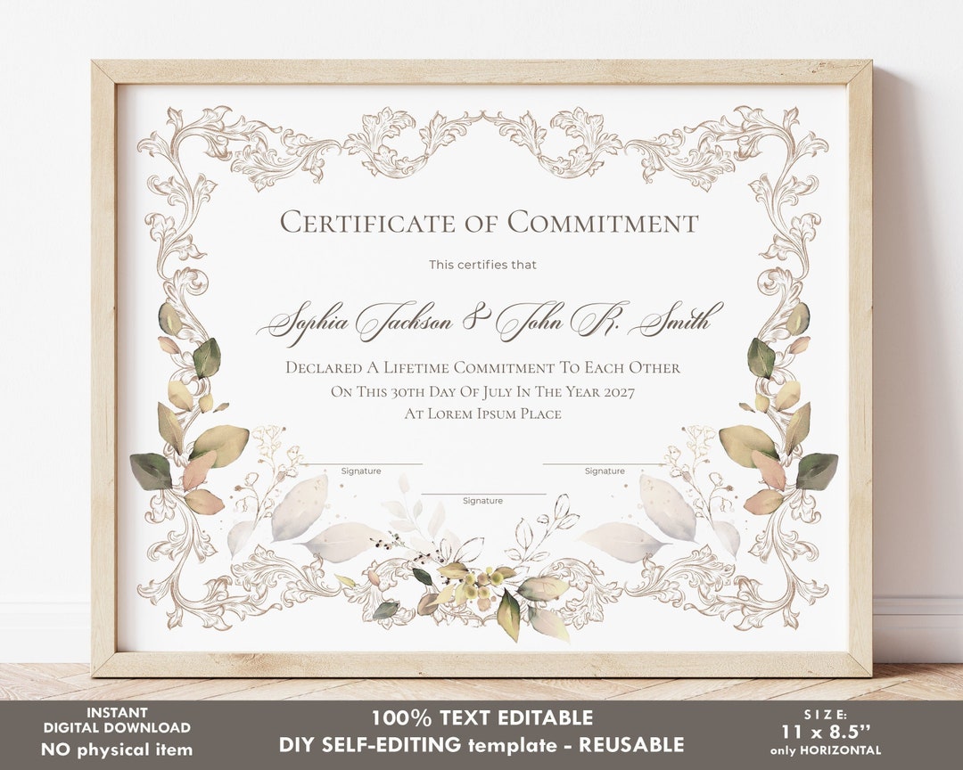 Certificate of Commitment, Editable Printable Marriage Certificate ...