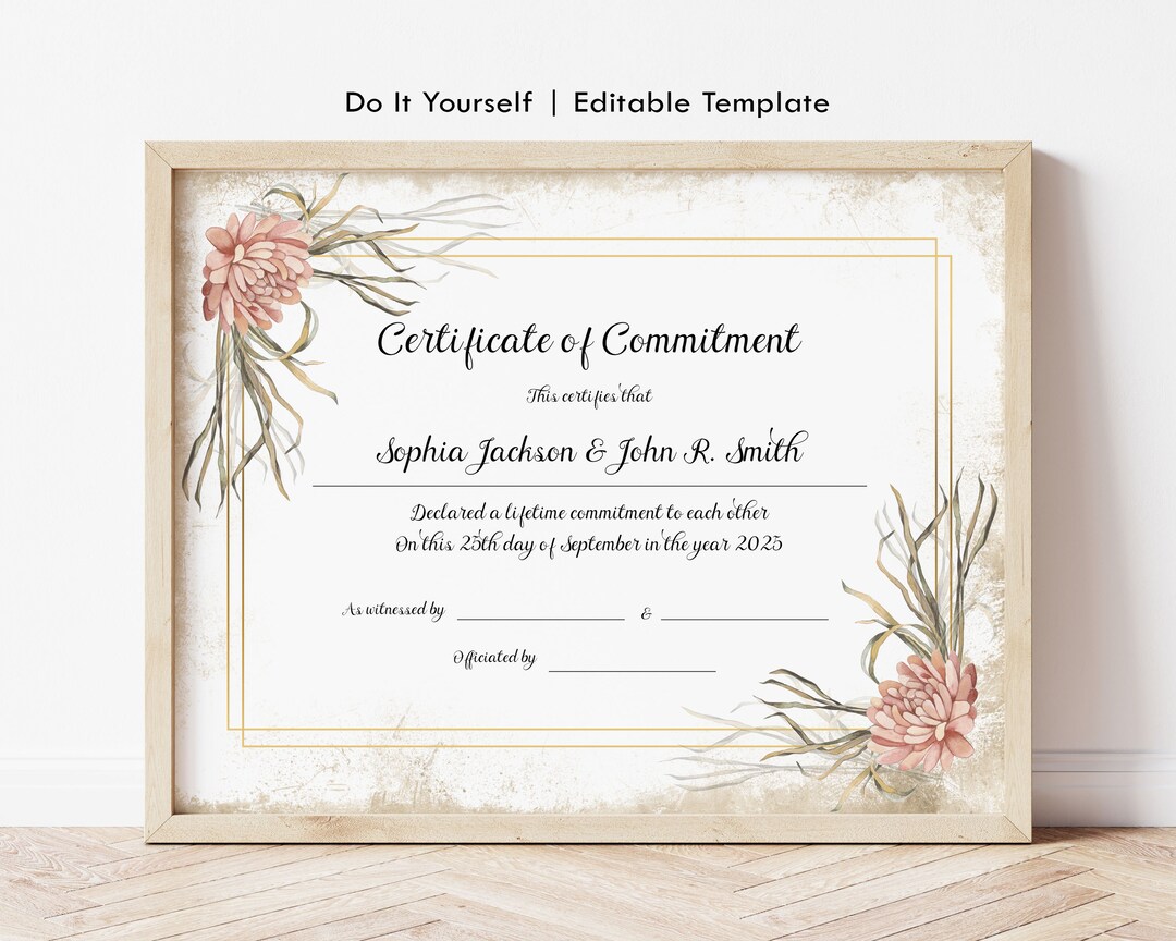 Boho Wedding Commitment Certificate Editable Template, Rustic ...
