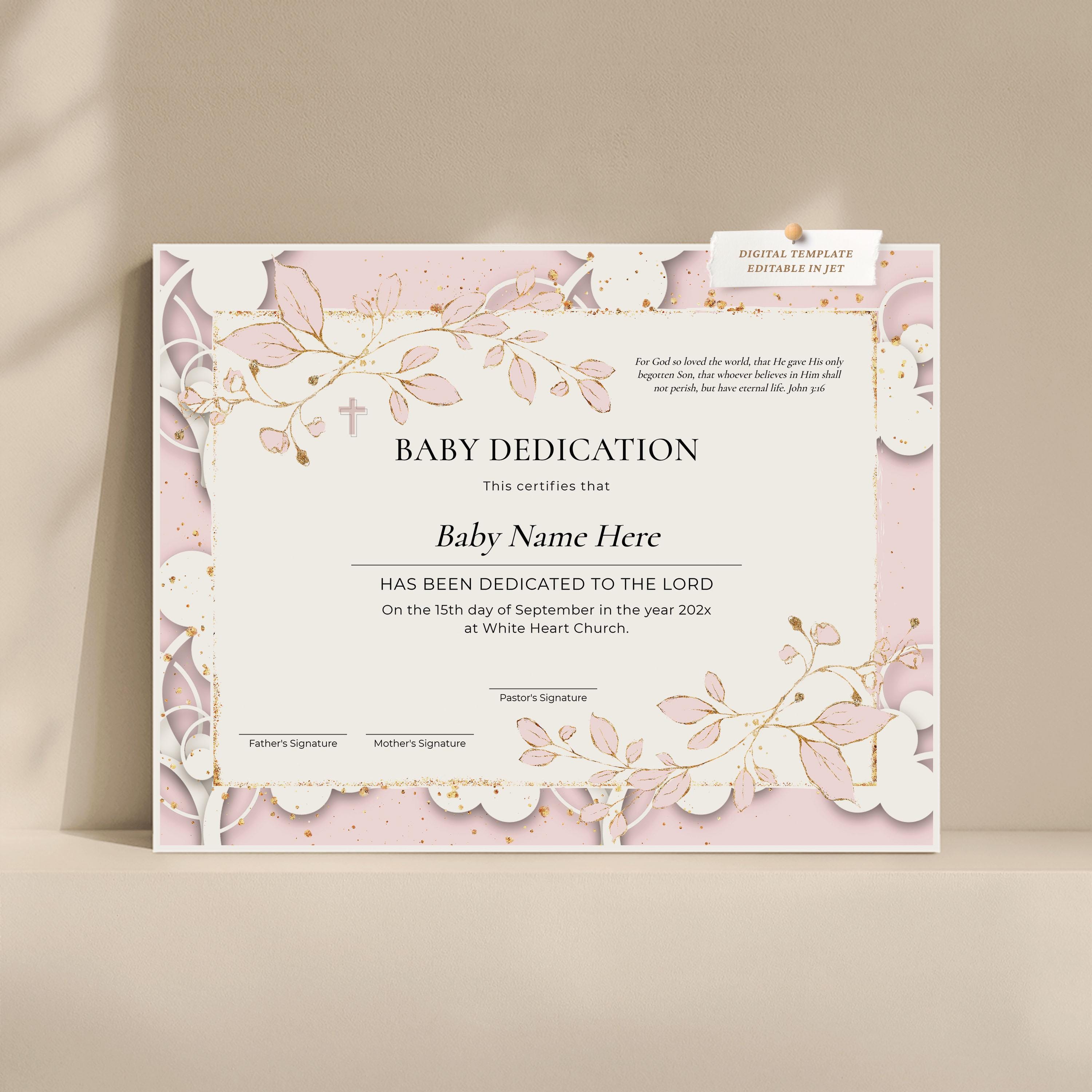 Baby Dedication Certificate Template, Girl Baptism Baby Christening ...